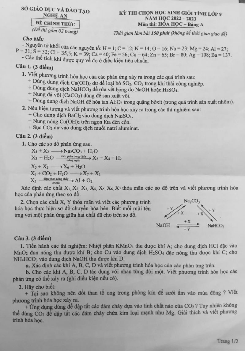 Đề thi chọn HSG môn Hóa Học lớp 9 tỉnh Nghệ An năm 2023