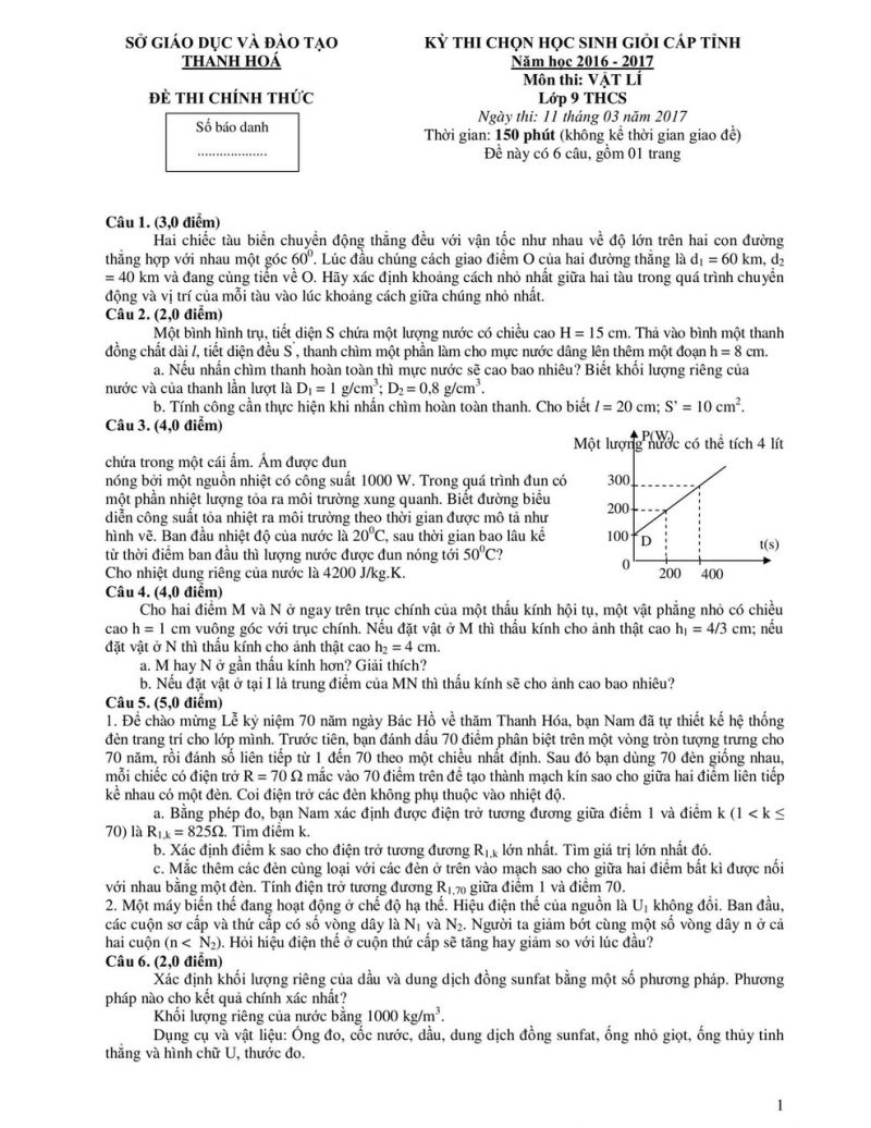 Đề thi chọn HSG và đáp án môn Vật Lí lớp 9 THCS tỉnh Thanh Hóa năm 2017
